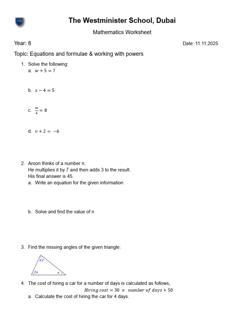 Year-8 Midterm Break Worksheet-Algebra | PDF | Elementary Geometry