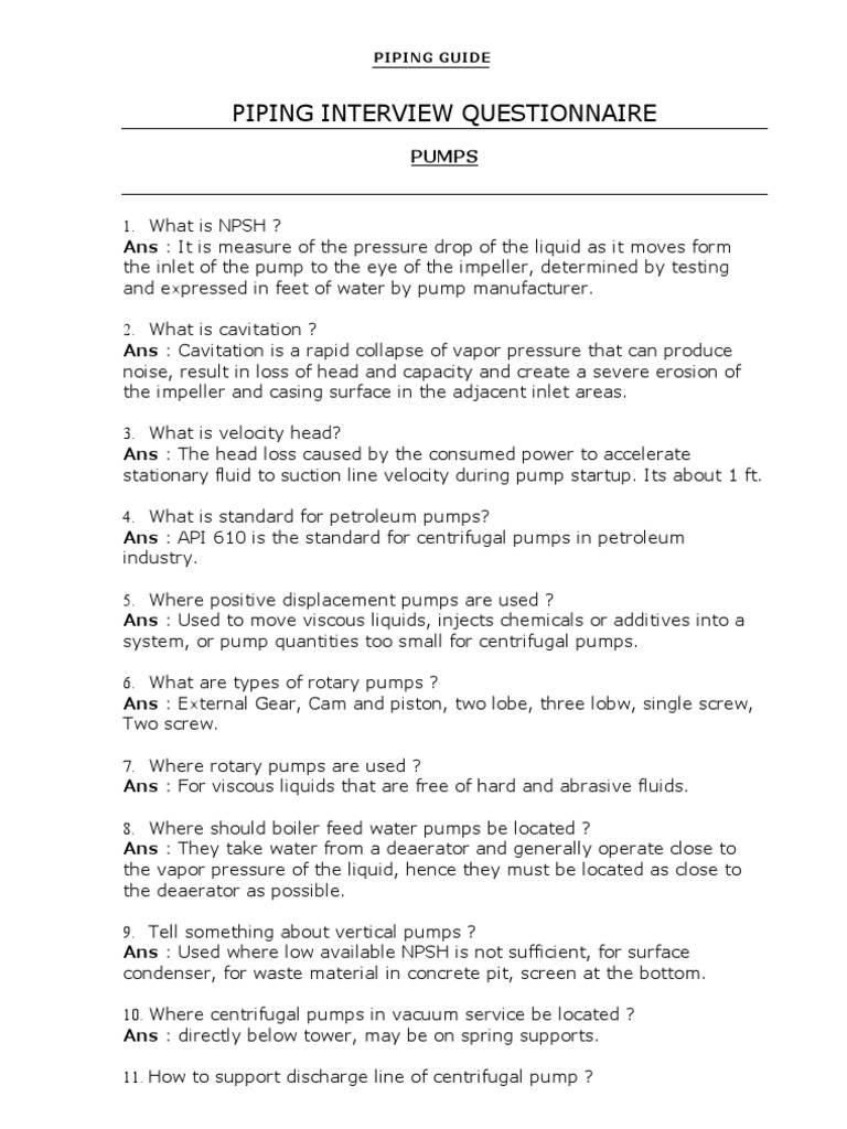 Piping interview questions | Pump | Heat Exchanger