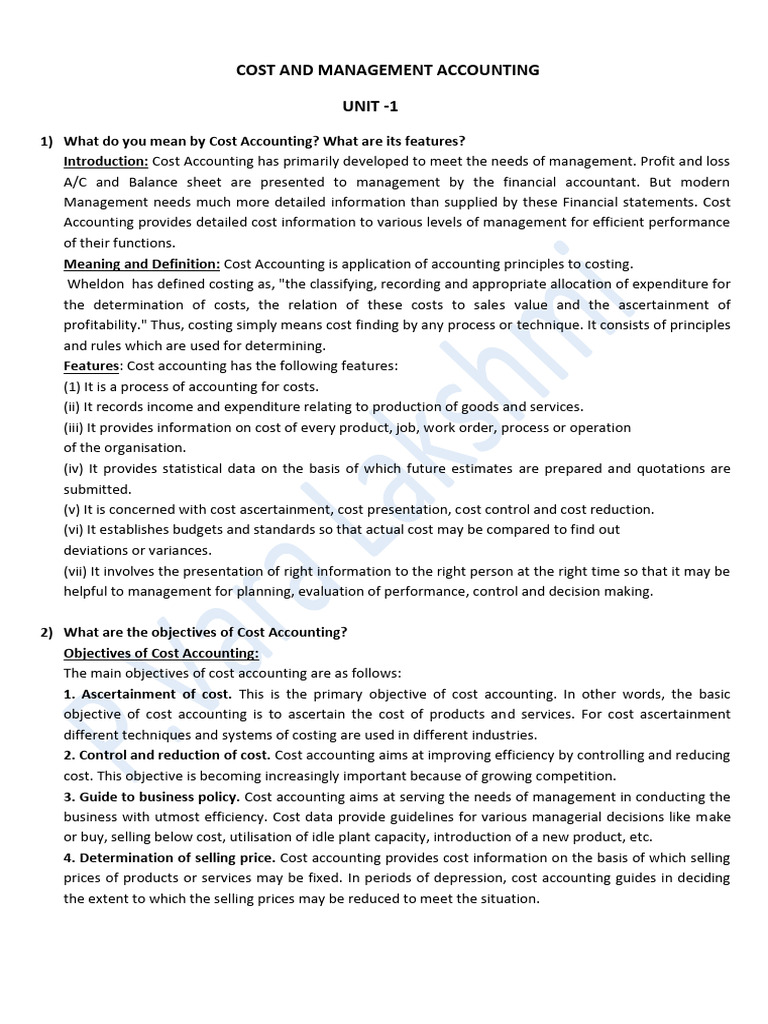 Cost and Management Accounting - Unit - 1 | PDF | Cost Accounting ...