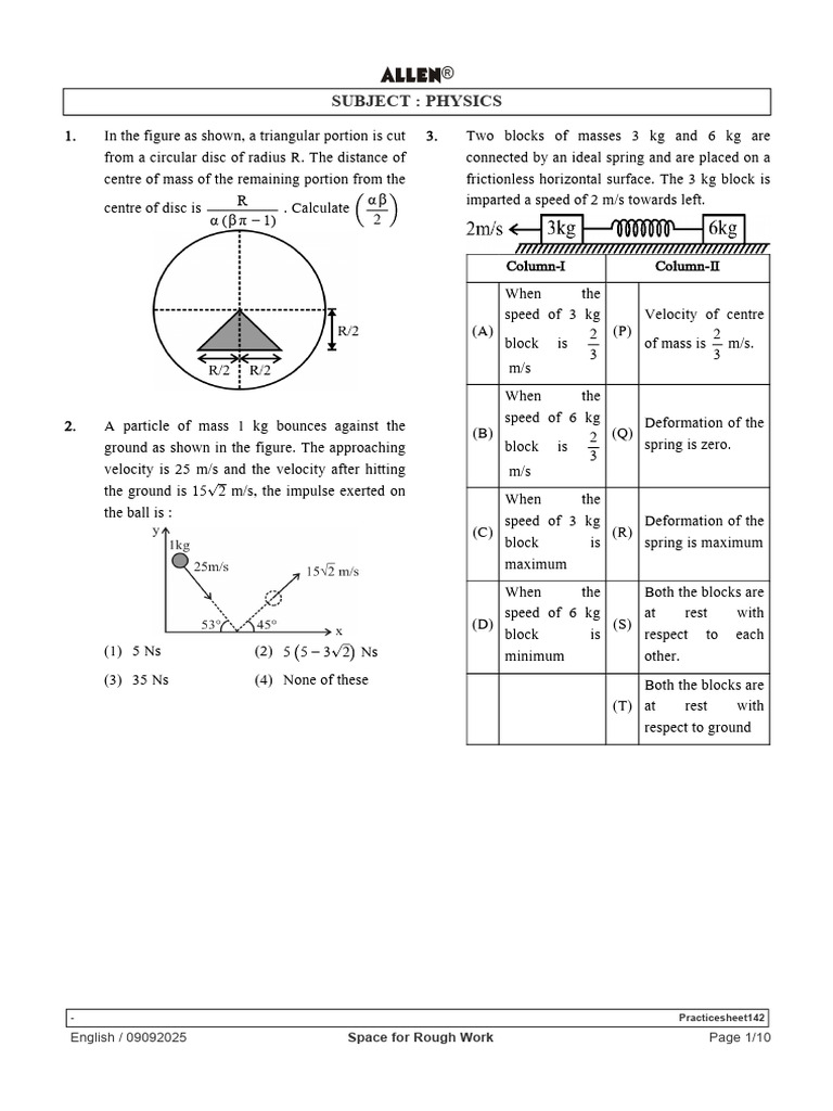 Practicesheet142-Physics QP | PDF | Collision | Force