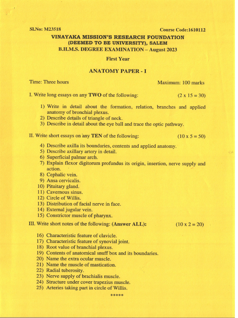 Anatomy Previous Question Paper | PDF | Human Anatomy | Anatomy