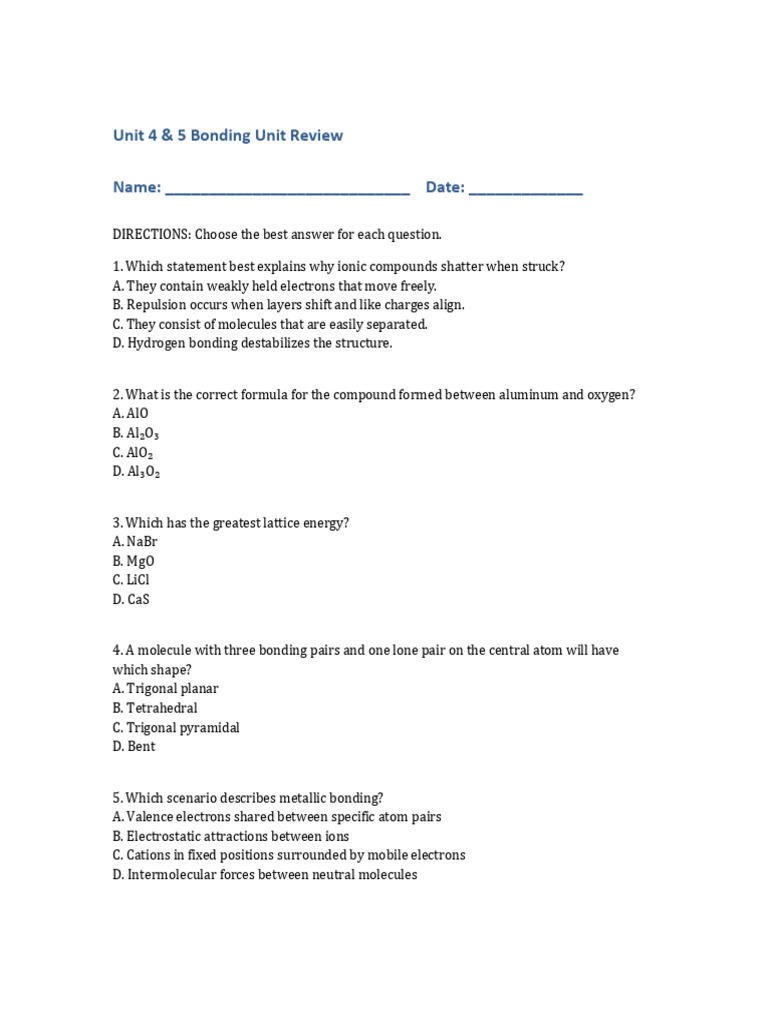 Honors Chem Bonding - Unit - Review | PDF | Ionic Bonding | Chemical Bond