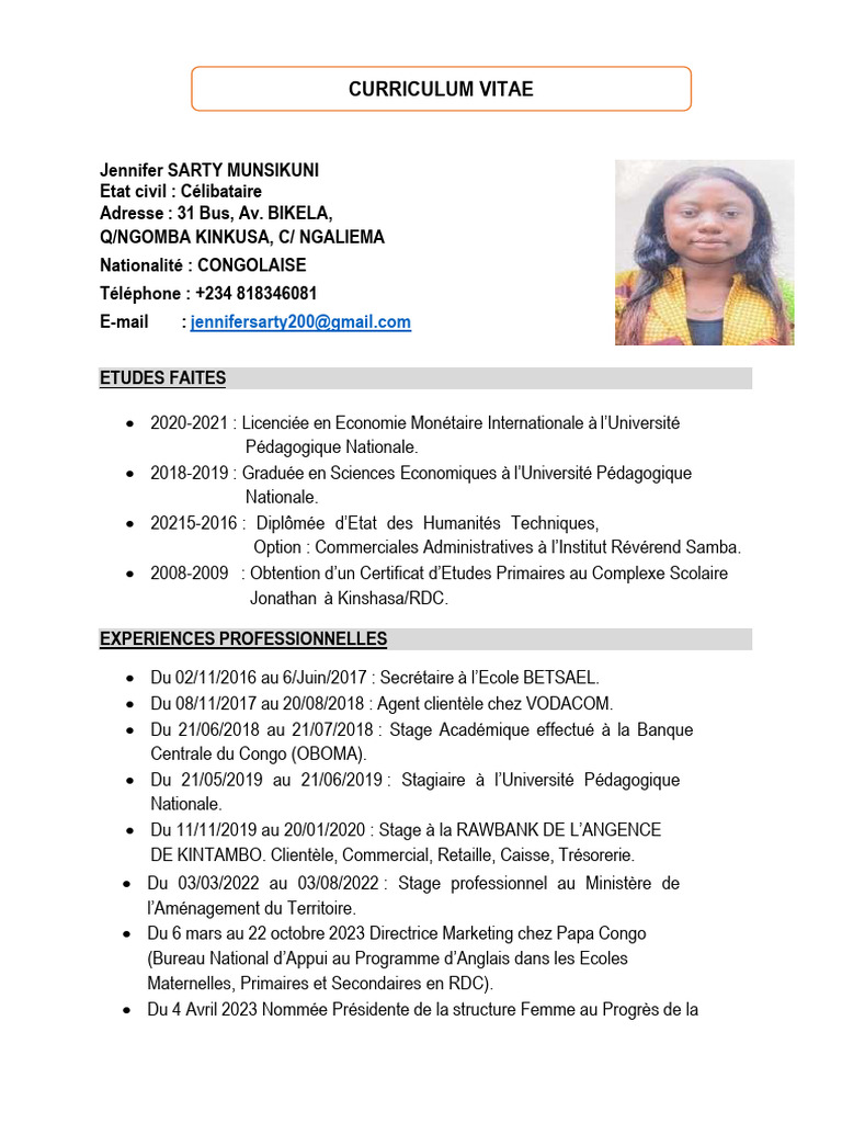 CV Jennifer Sarty | PDF | Kinshasa | République démocratique du Congo
