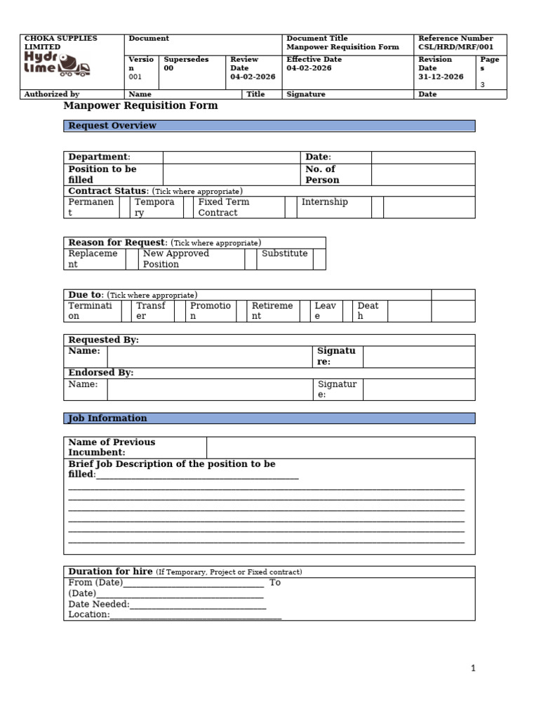 Manpower Requisition Form | PDF | Business | Employee Relations