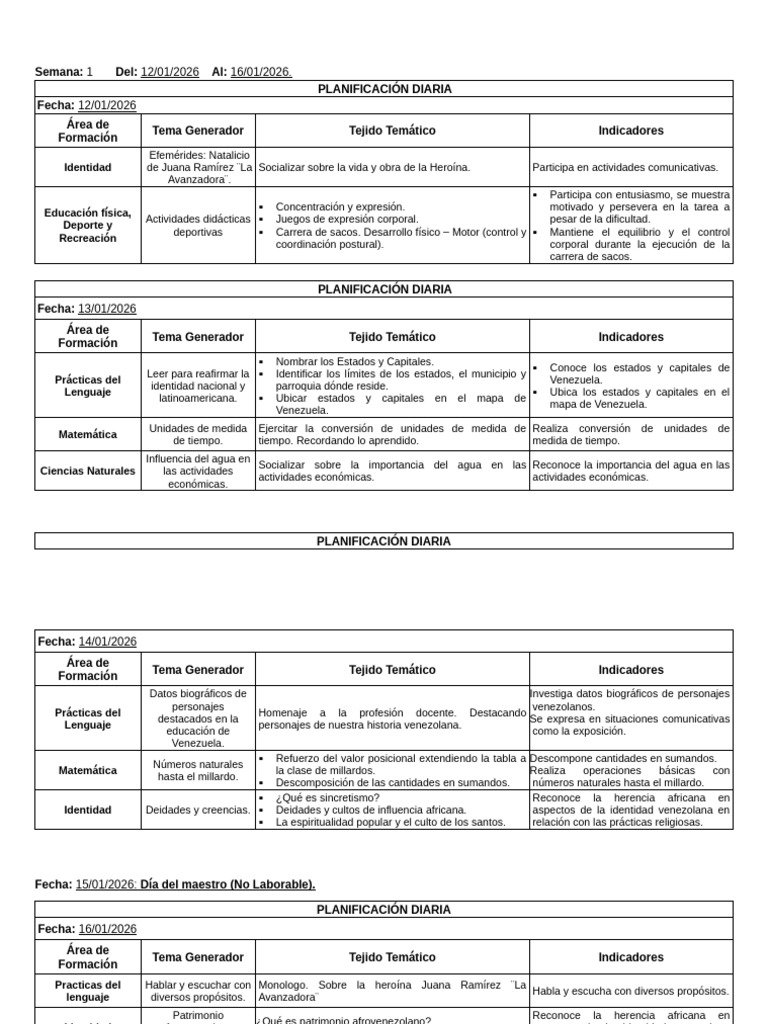 Planificacion Semanal 2026 | PDF | Matemáticas