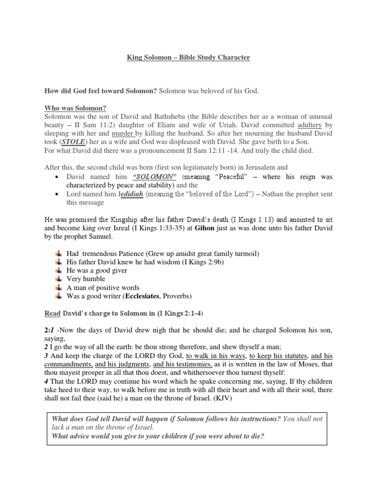 King Solomon - Character Study | PDF | Solomons | David
