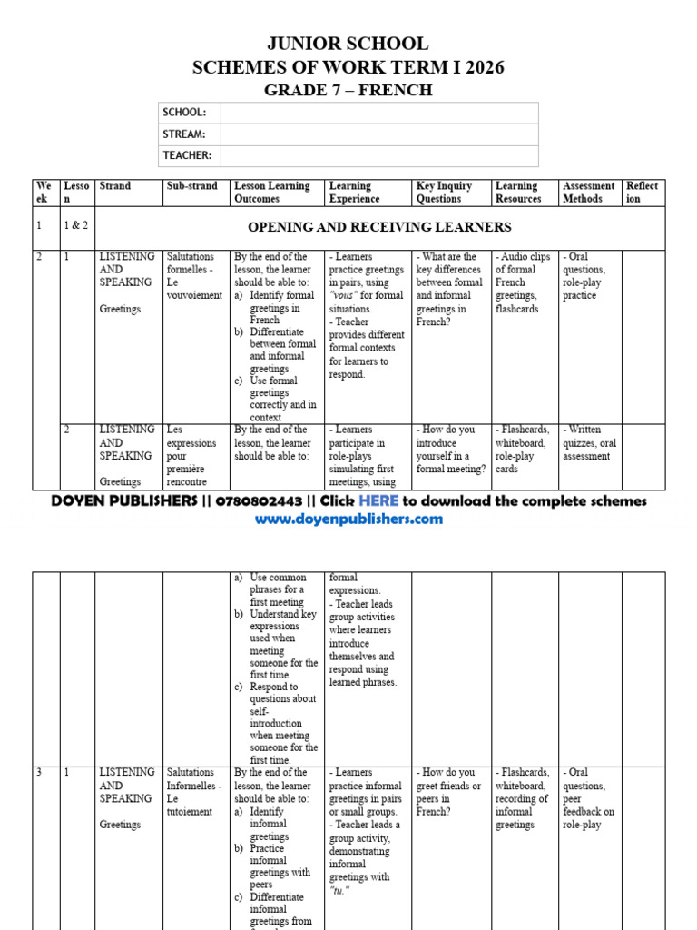 Grade 7 French Term 1 2026 Schemes of Work | PDF | Learning | Cognitive ...
