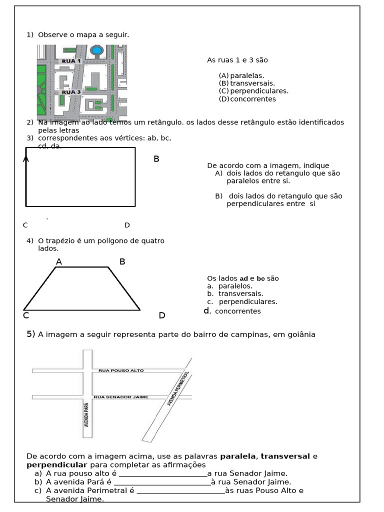 Atividade - Paralelas, Transversais e Perpendiculares. 6° | PDF