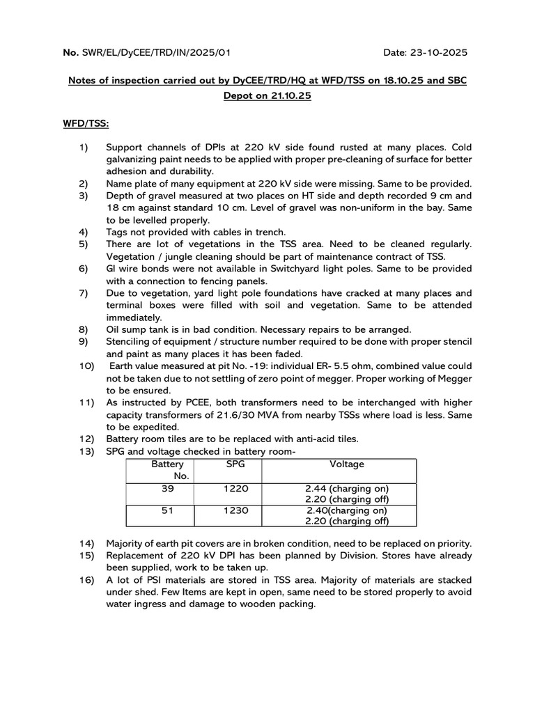 DyCEE-TRD-2025-Inspection in TSS and SBC Depot | PDF | Electricity ...