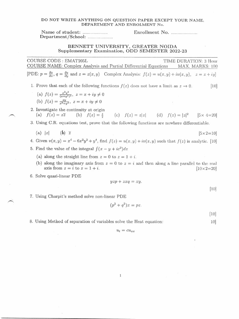 EMAT205L Complex Analysis and Partial Differential Equations 2022-23 | PDF