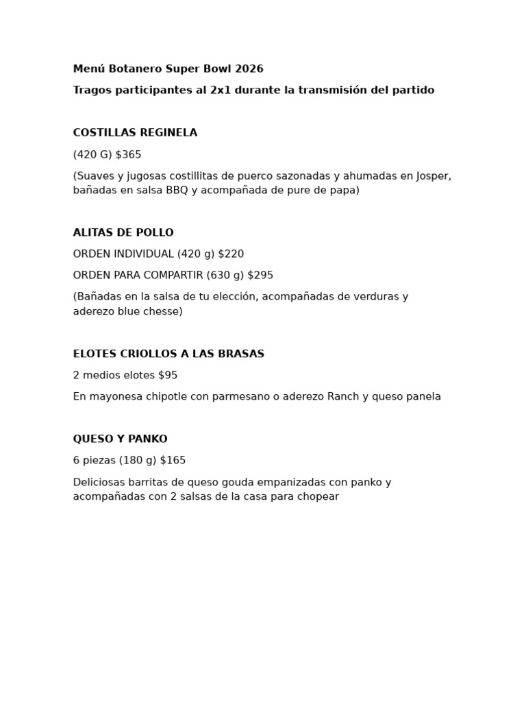 Menú Botanero Super Bowl 2026 | PDF