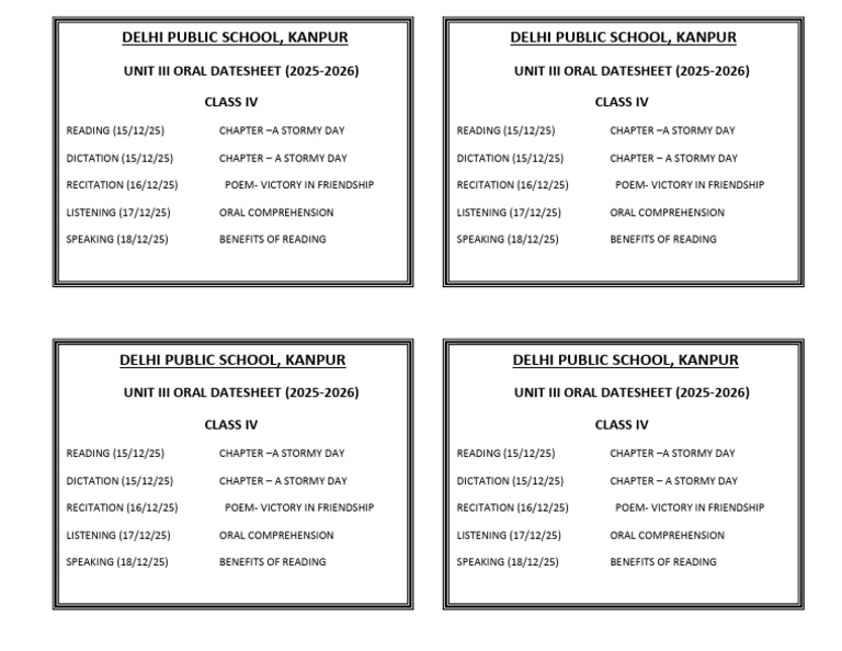 English Oral Date Sheet Cl4 Ut3 | PDF
