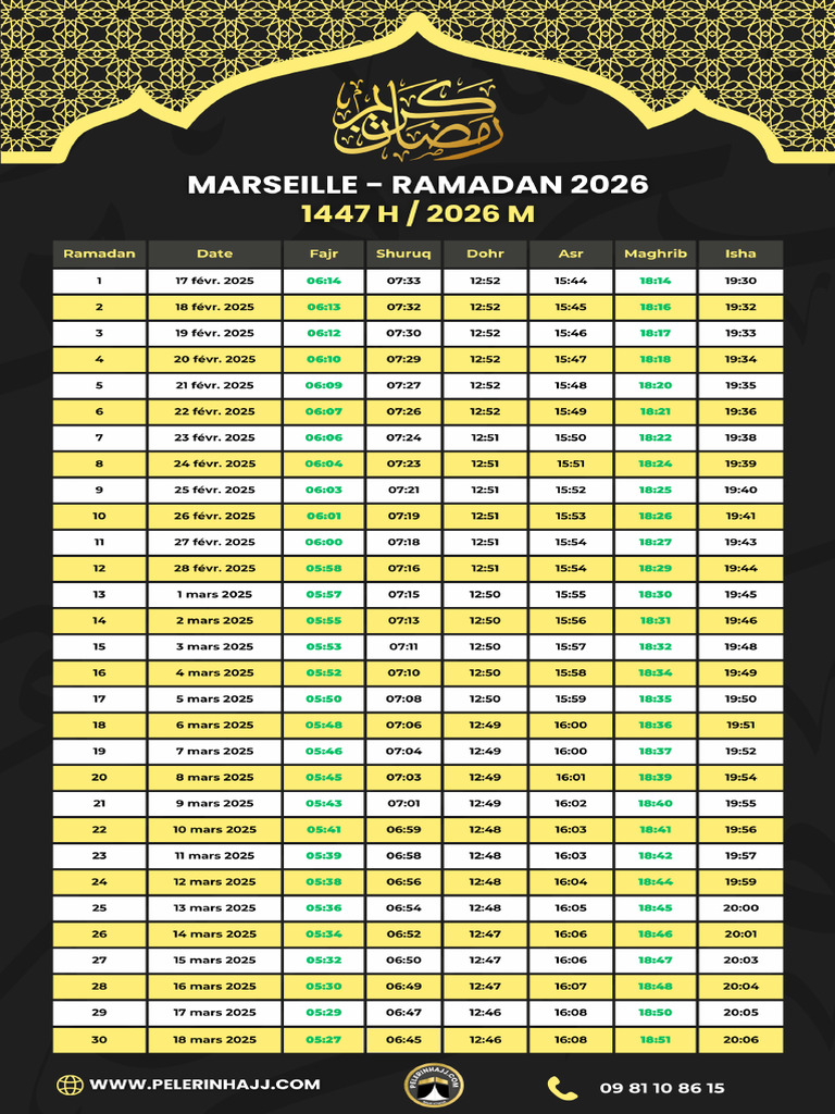 Horaire Ramadan 2026 Marseille | PDF