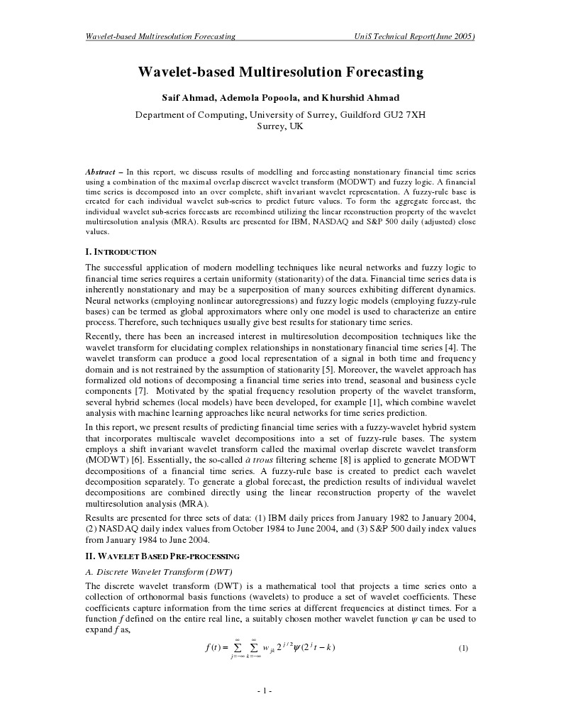 Wavelet Based Multiresolution Forecasting Pdf Wavelet Time Series