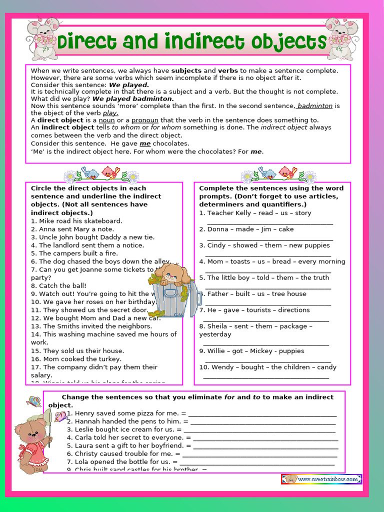 Direct X Indirect Objects 01 - WORKSHEET | PDF | Verb | Object (Grammar)