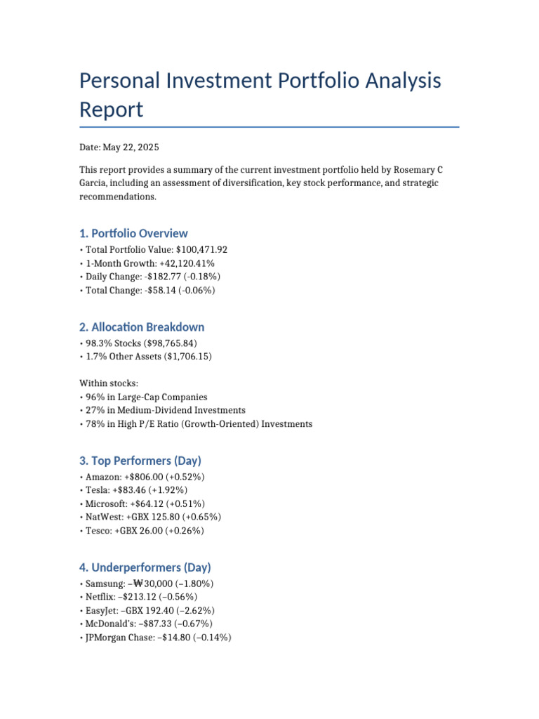 Investment Portfolio Report Rosemary C Garcia | PDF