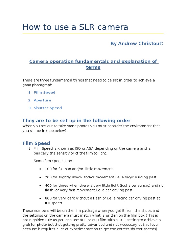 How To Use A SLR Camera | PDF | Film Speed | Camera