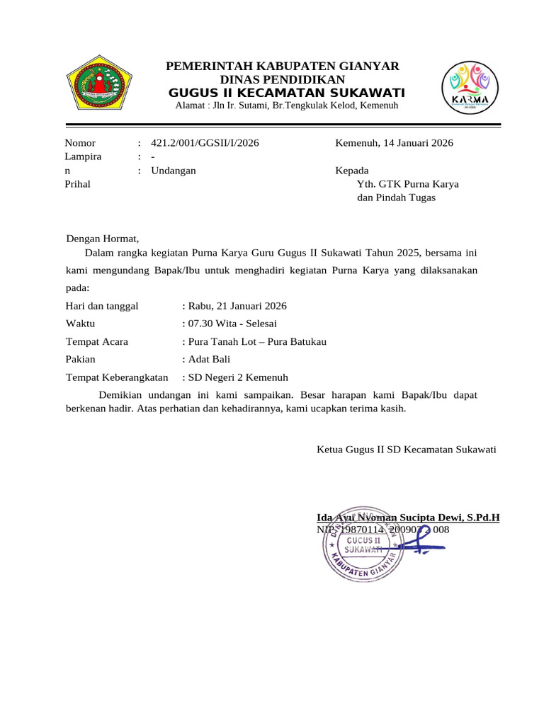 Surat Undangan Purna Karya Gugus II. (Peserta) | PDF