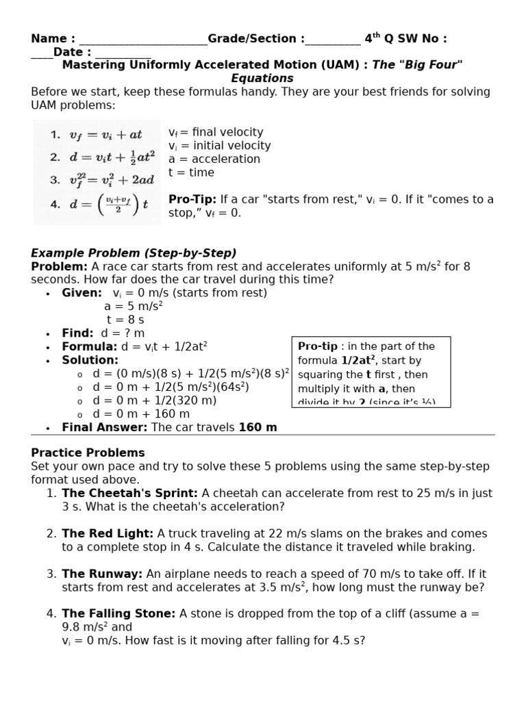 SW3 Uniform Accelerated Motion Problems | PDF