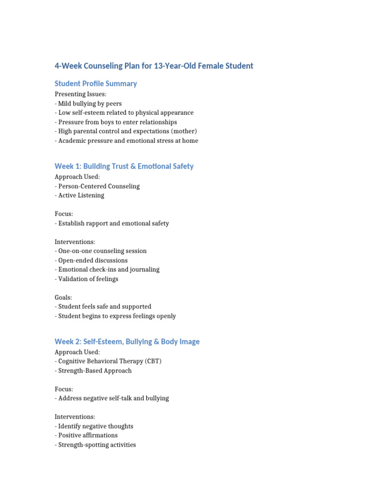 4 Week Counseling Plan | PDF