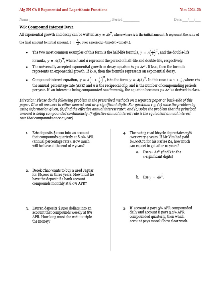 Ws Day 2 - CH 6 Compound Interest | PDF | Exponential Function ...