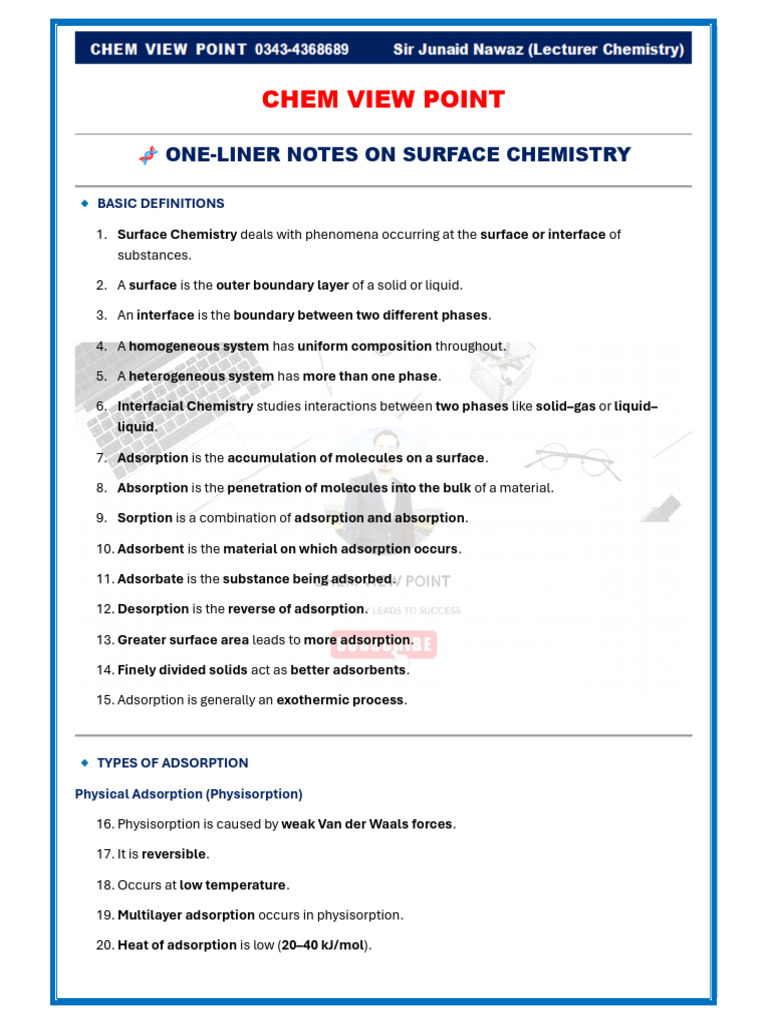 Surface Chemistry One Liner | PDF | Adsorption | Catalysis