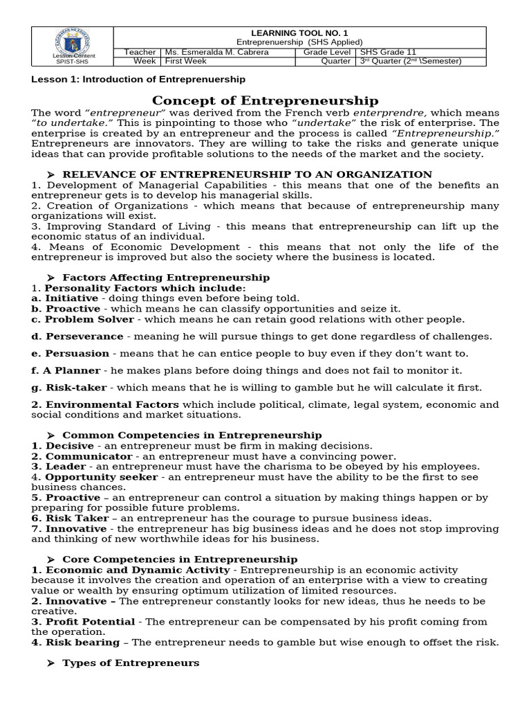 Learning Tool 1 Entrep | PDF | Entrepreneurship | Business