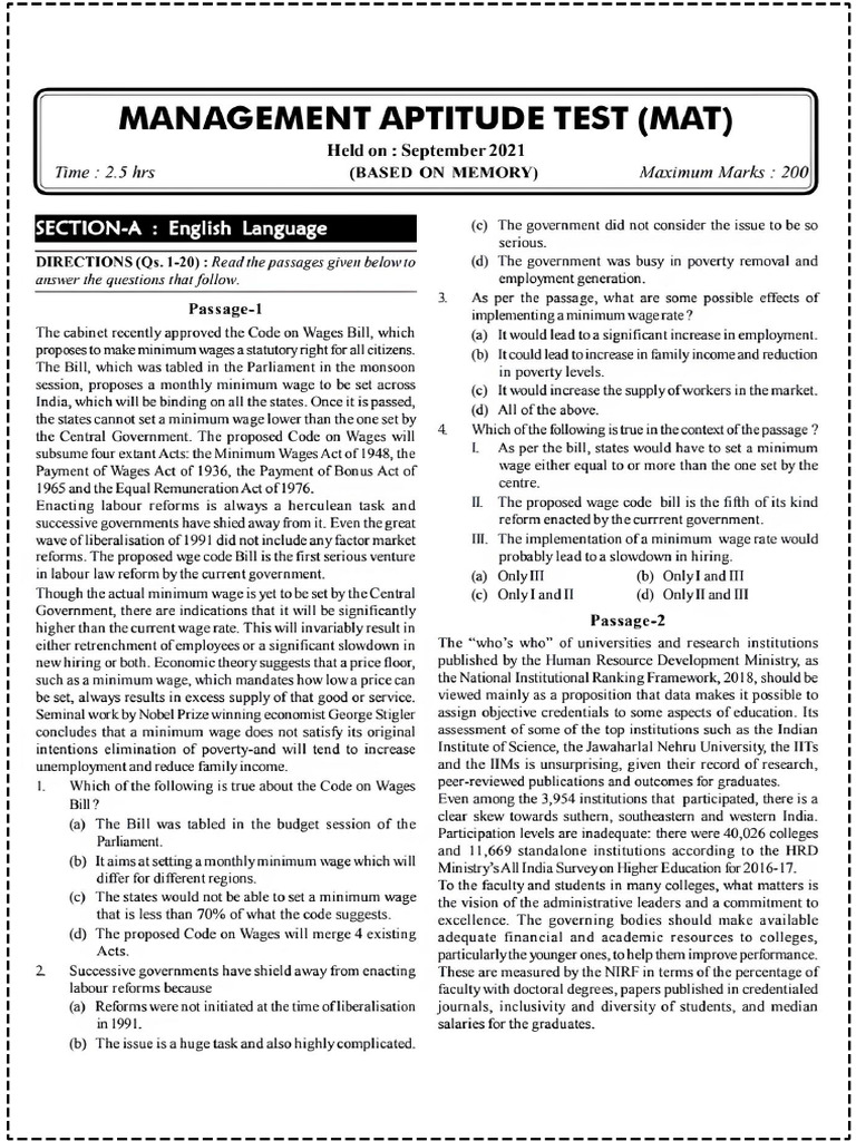 MAT 2021 Question Paper With Solution | PDF