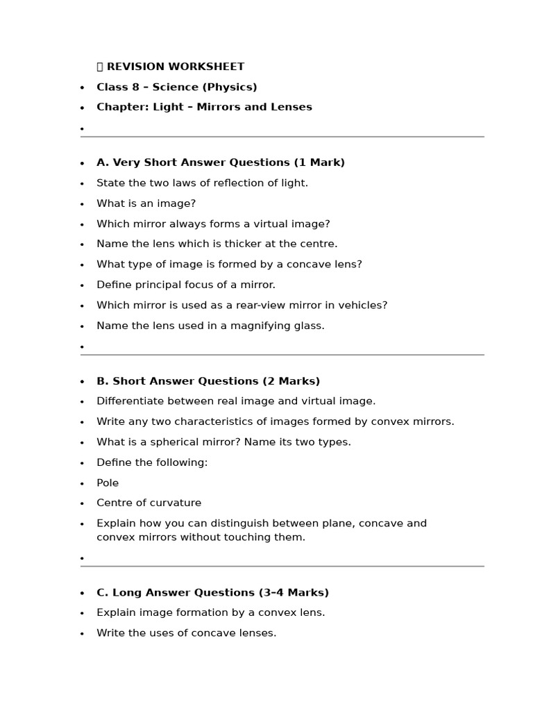 Revision Worksheet Light | PDF | Mirror | Calendar