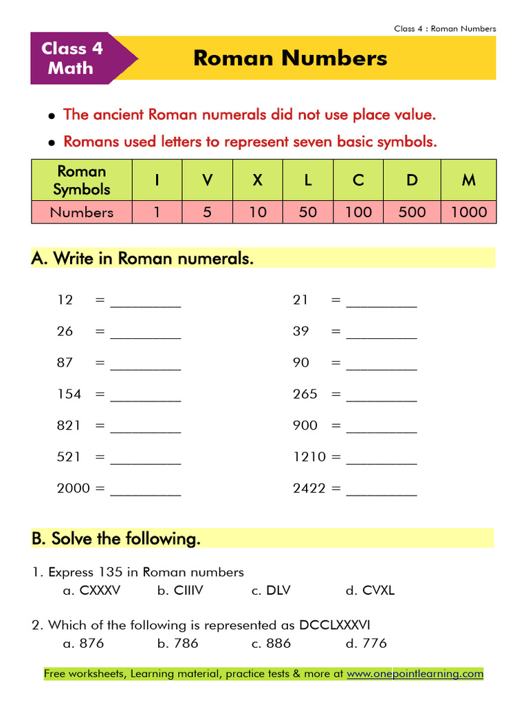 Math Roman Numbers Worksheet Class 4 | PDF | Lexicology | Notation