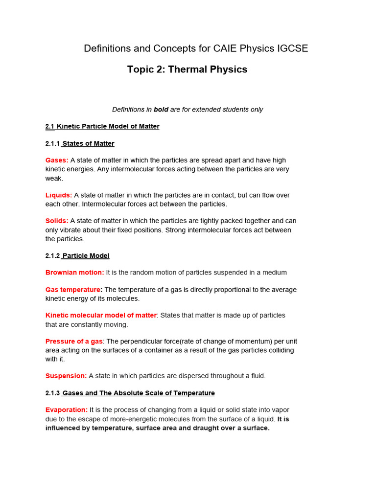 Definitions - Topic 2 Thermal Physics - CAIE Physics IGCSE | PDF ...