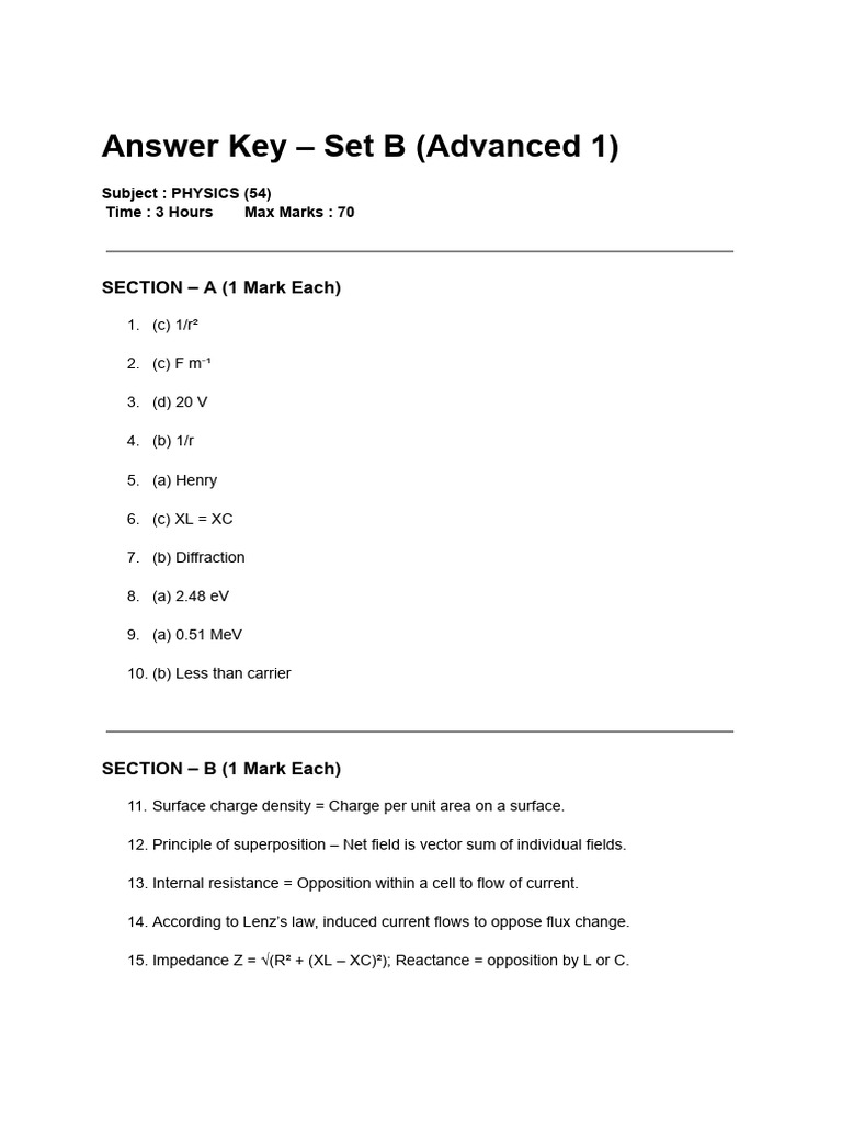 Answer Key - Set B (Advanced 1) | PDF | Physical Quantities | Nuclear ...