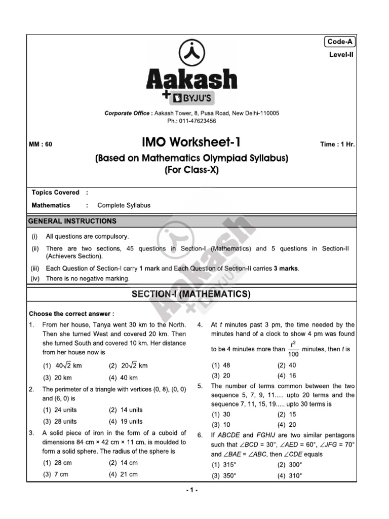 IMO Worksheet-1 (L-II) - Class 10 | PDF