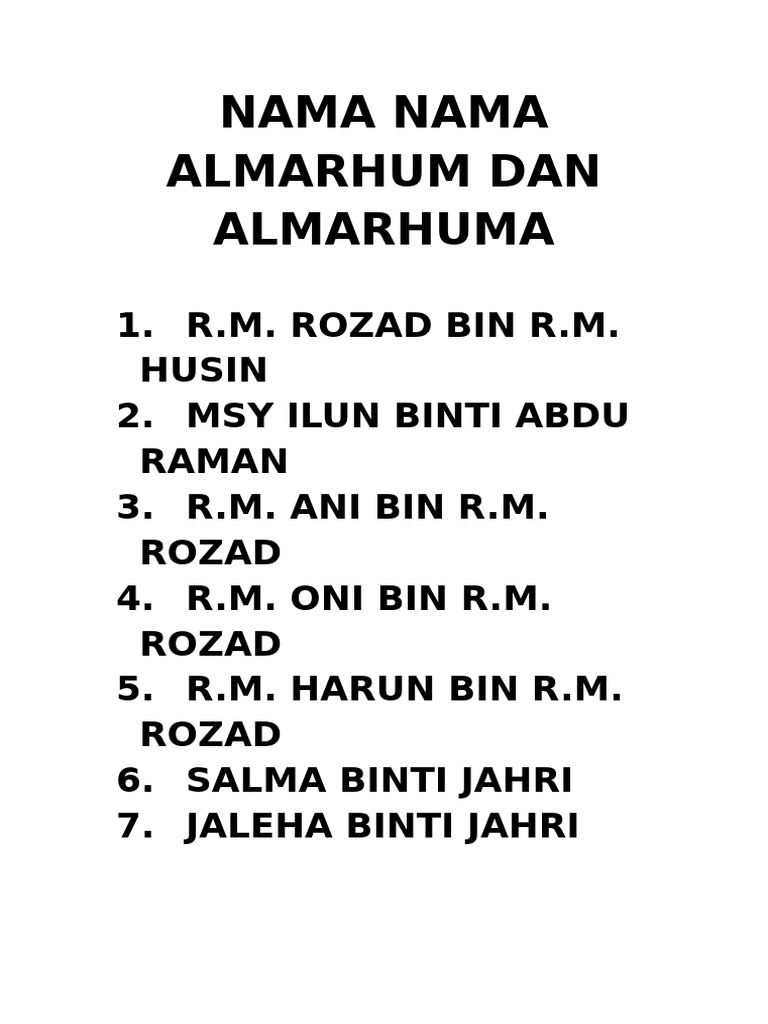 Nama Nama Almarhum Dan Almarhuma | PDF