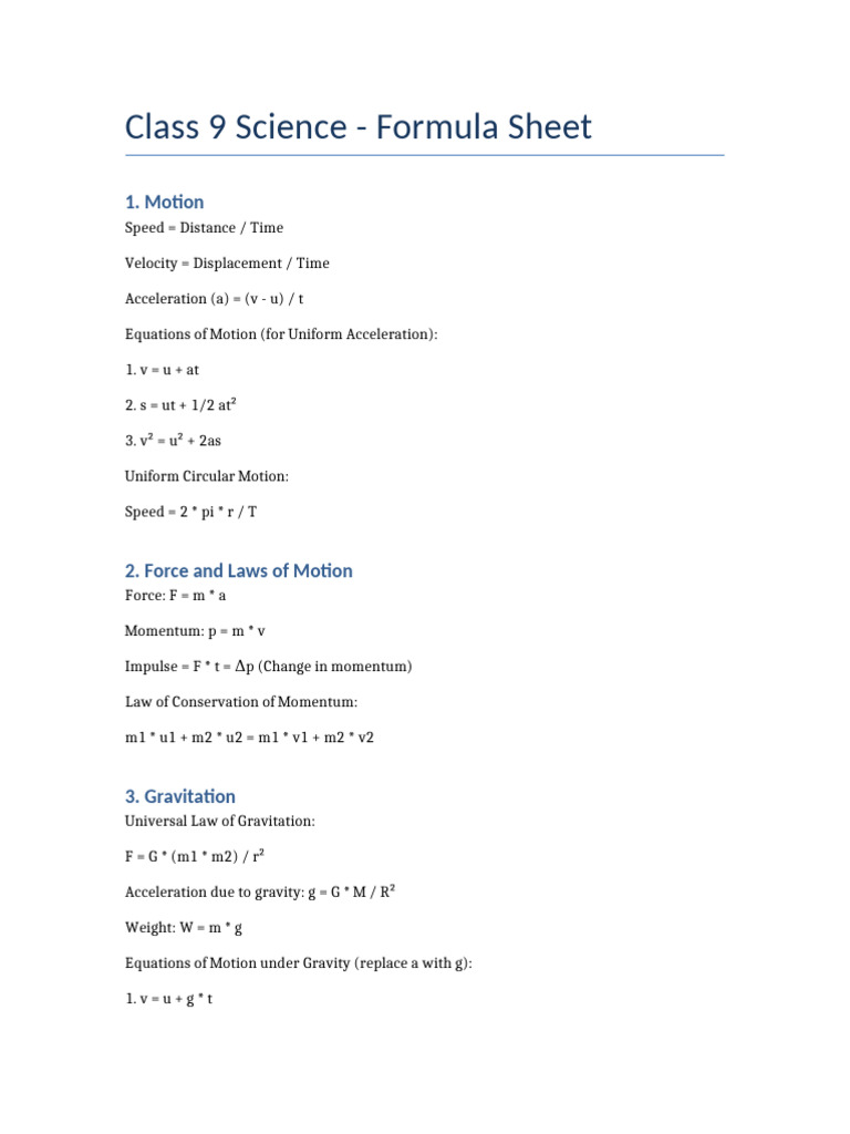 Class 9 Science Formula Sheet | PDF