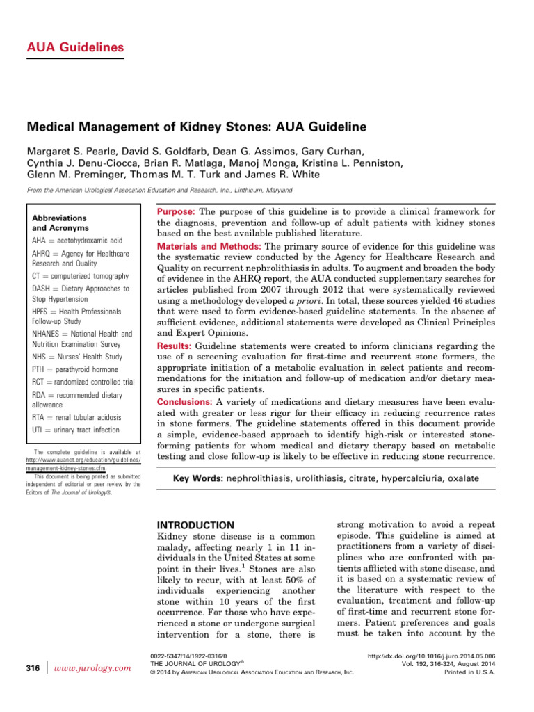 Medical Management of Kidney Stones AUA Guideline. | PDF | Medical ...
