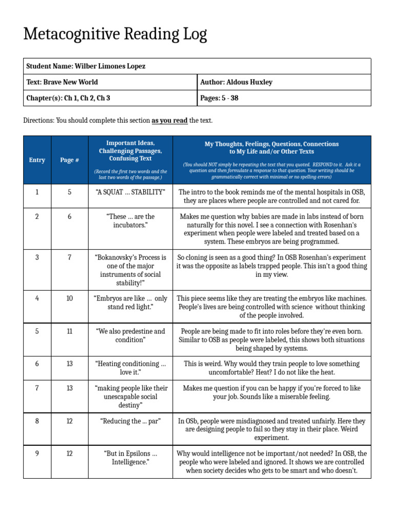 Wilber Limones Lopez - BNW Metacognitive Reading Log | PDF | Truth