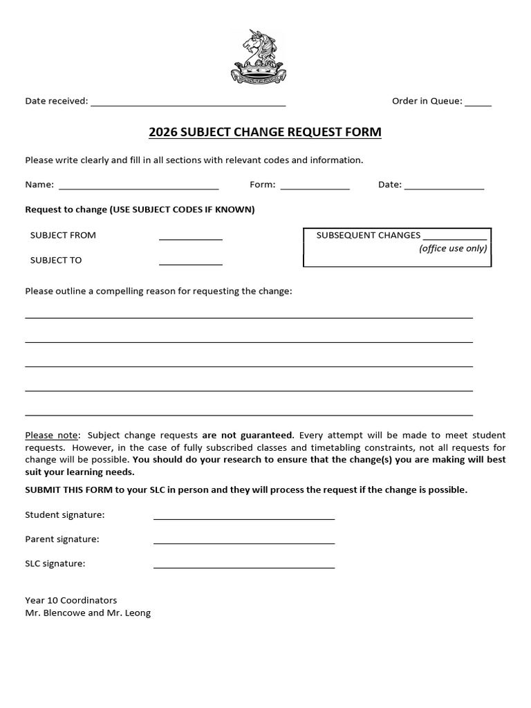 2026 Year 10 Subject Change Request | PDF