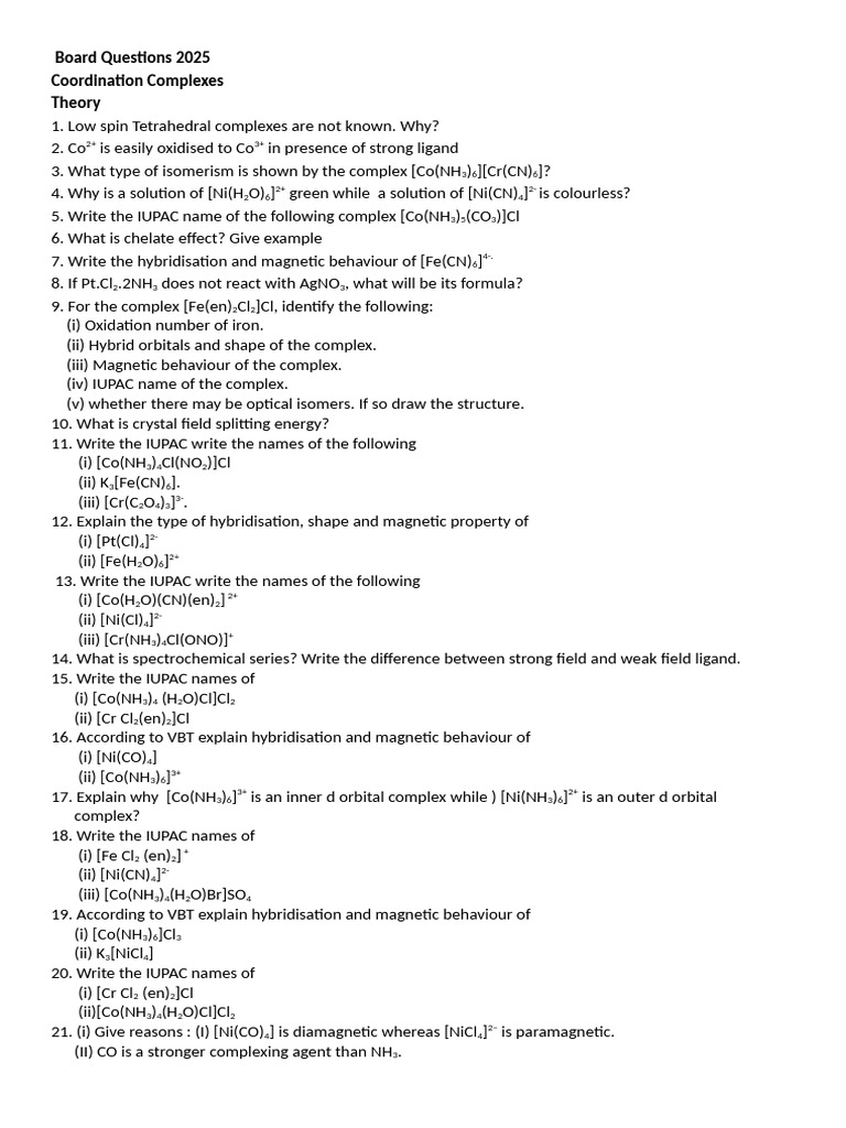 Board Questions 2025 Chemistry | PDF | Amine | Coordination Complex