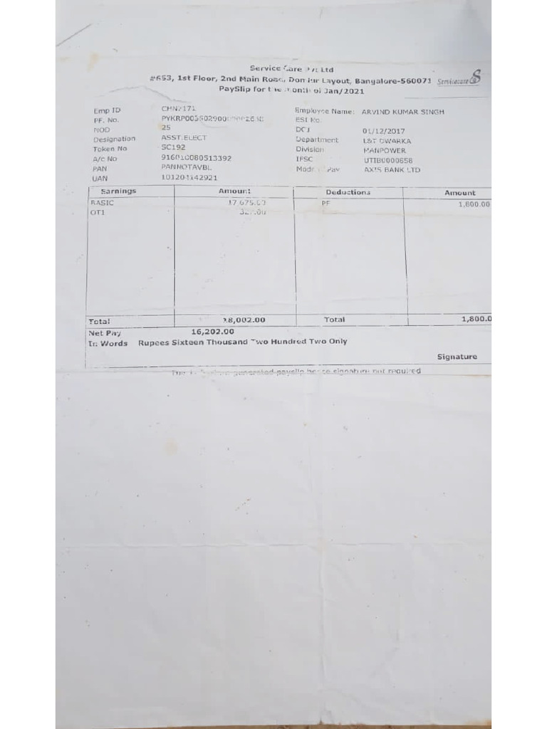 Arvind Singh Wage Slip | PDF