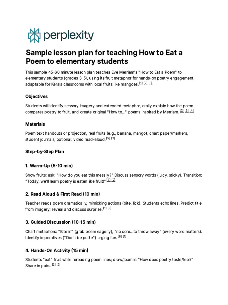 Sample Lesson Plan for Teaching How to Eat a Poem | PDF