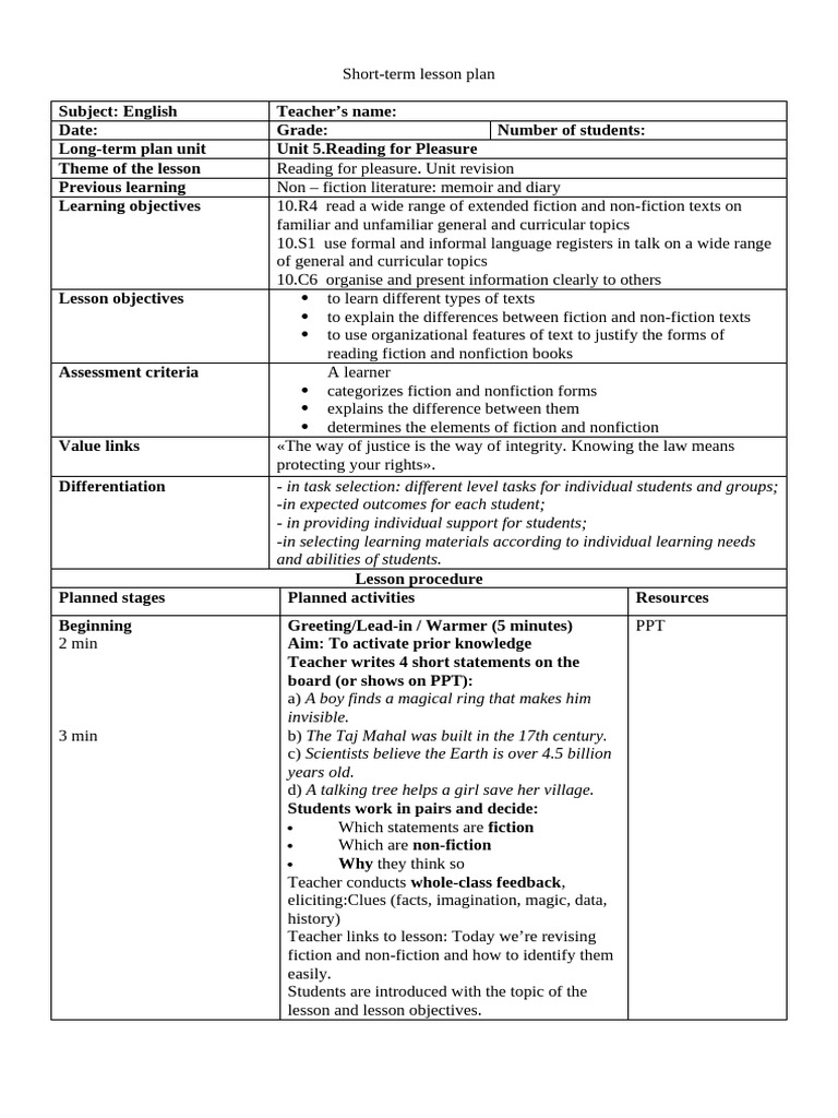 English - 10 - Unit 5 - Reading For Pleasure Nonfiction - Lesson Plan 1 ...
