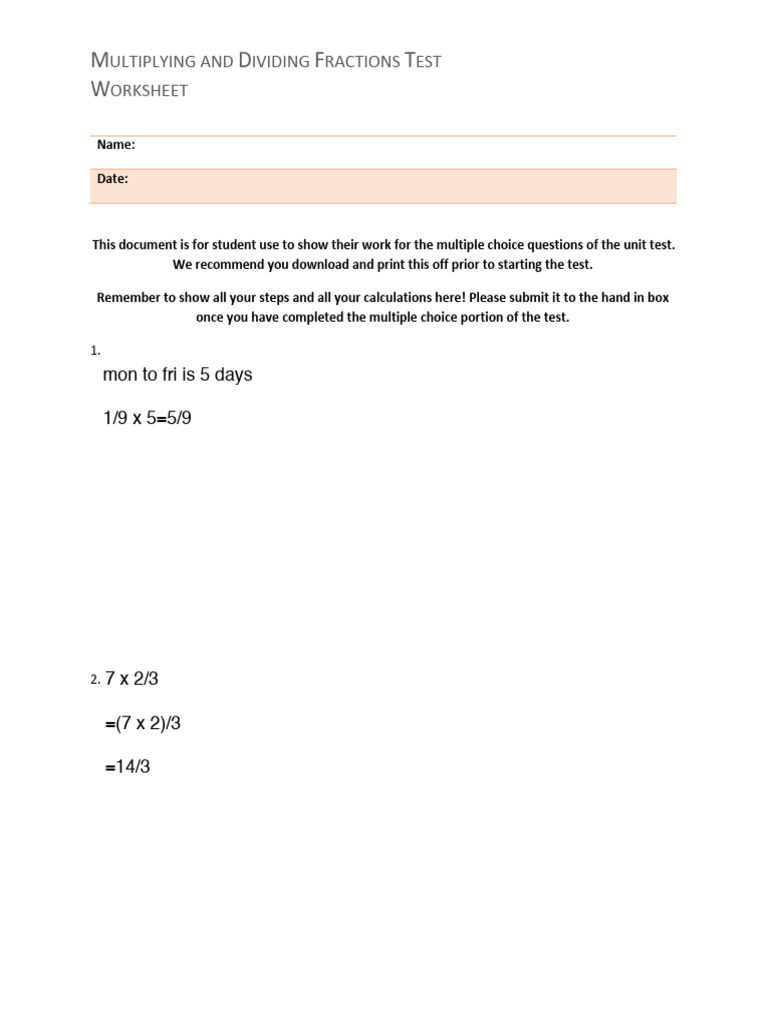 Mult Div Fractions Test - Worksheet | PDF