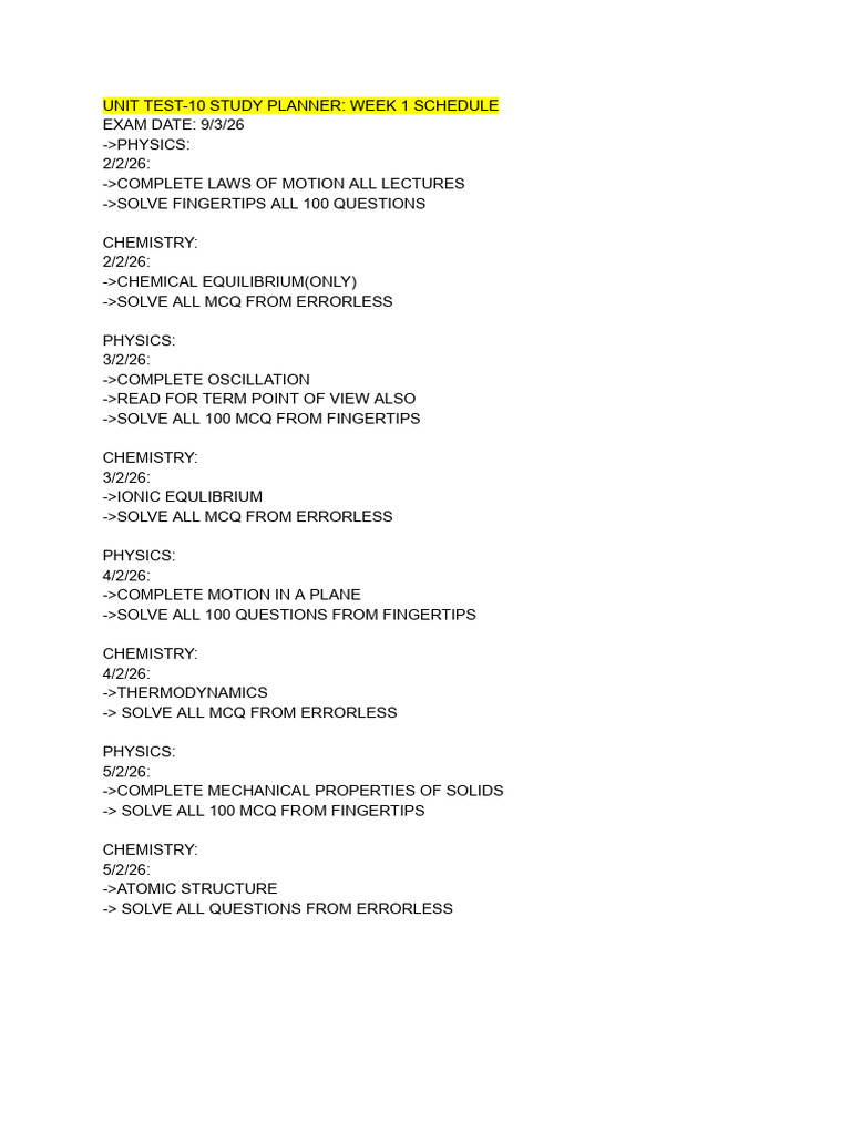 Unit Test-10 Study Planner - Week 1 Schedule | PDF