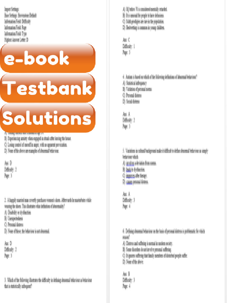 Testbank Abnormal Psychology 4th Canadian Edition by Gerald C Davison ...