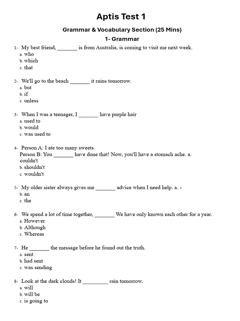 Aptis Test 1 - Voc & Grammar - Reading - Speaking | PDF | Educational ...