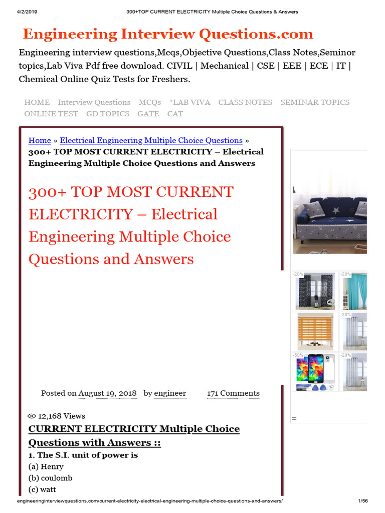 300+TOP CURRENT ELECTRICITY Multiple Choice Questions & Answers | PDF ...