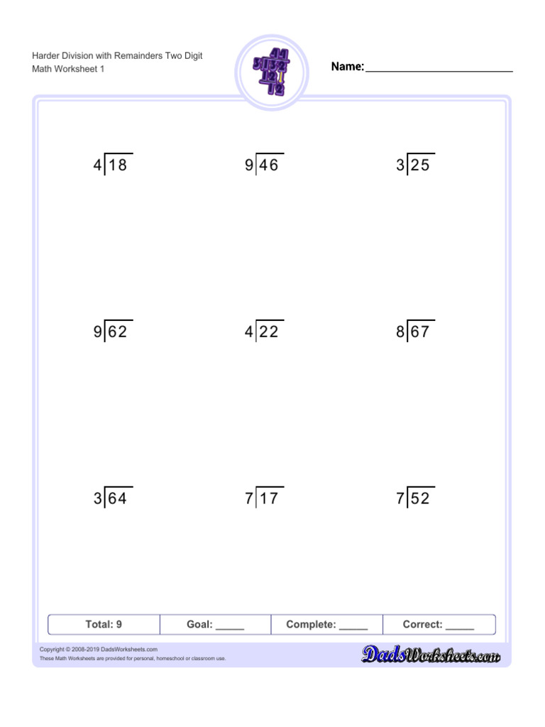 Hard Two Digit Division With Remainders v1 | PDF