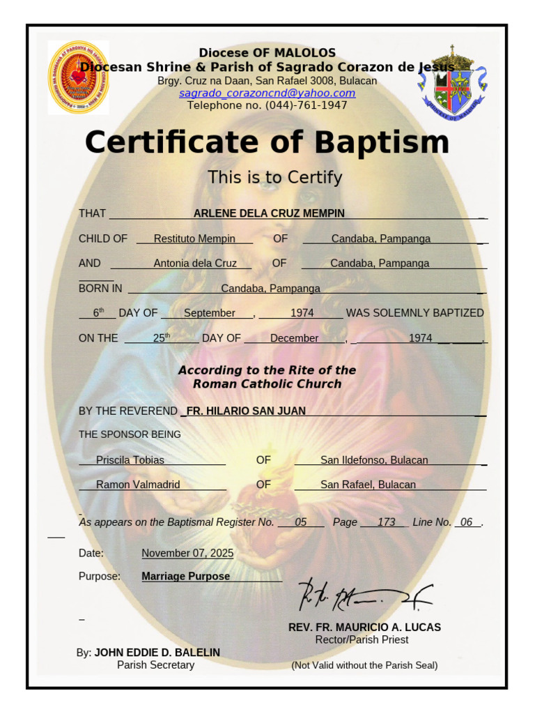 Baptismal Certificate - CORRECT FORMAT | PDF