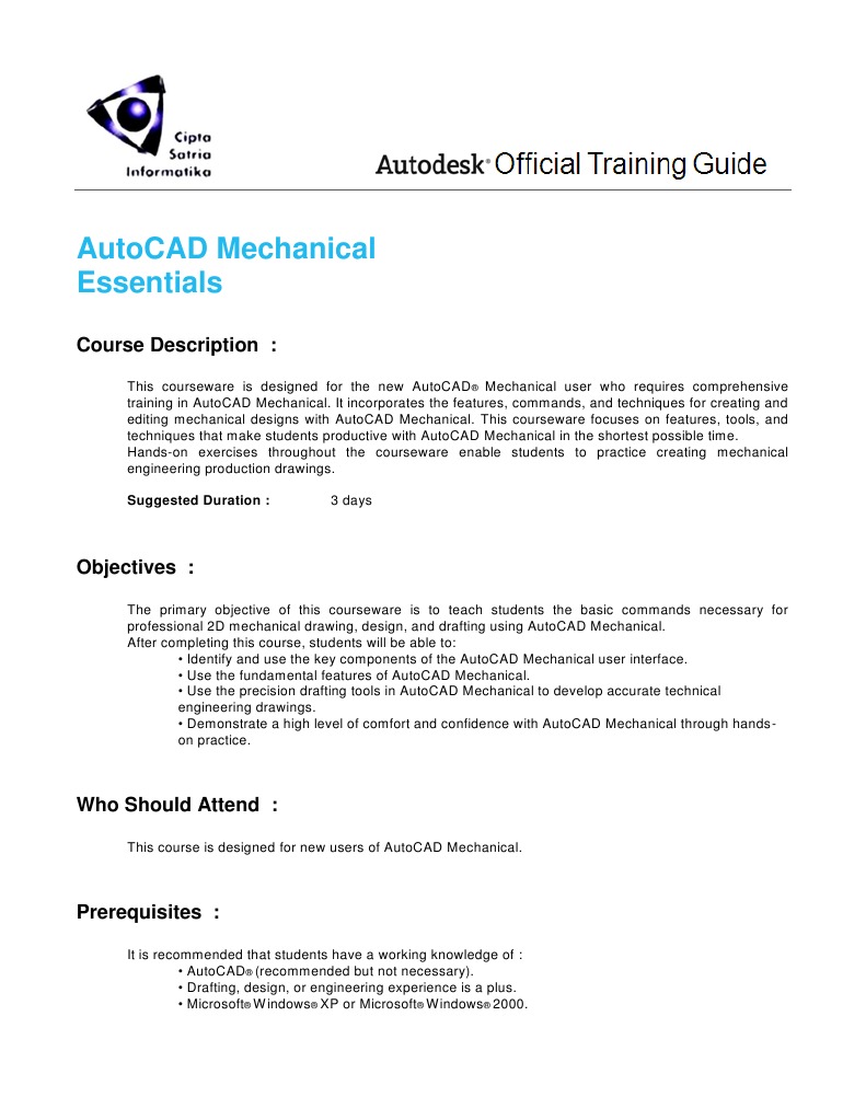 Autocad Mechanical Essentials Training SYLLABUS | PDF